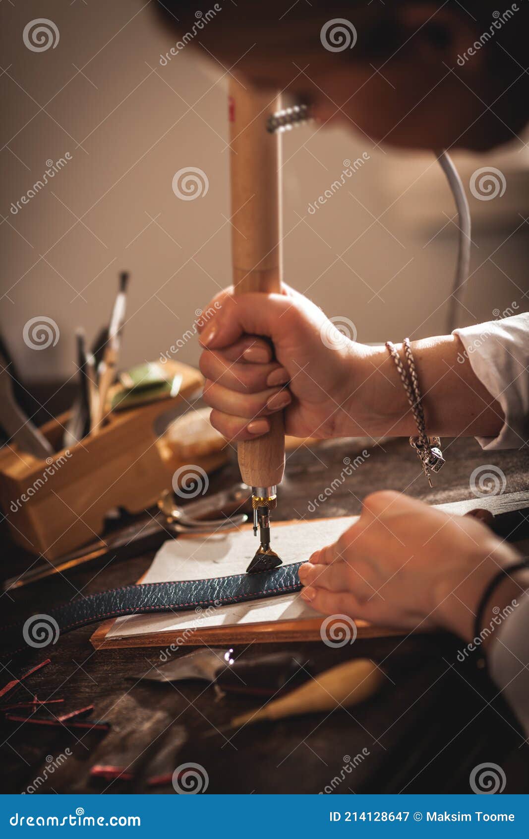 Leather Handbag Craftsman at Work in a Vintage Workshop. Small Business ...