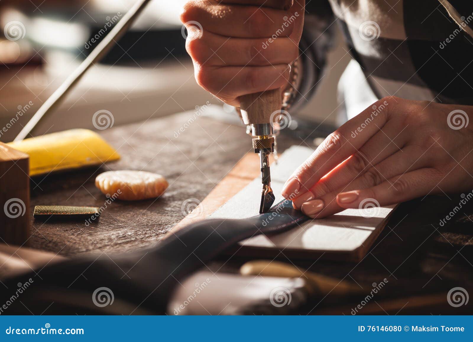 Leather handbag craftsman stock photo. Image of design - 76146080