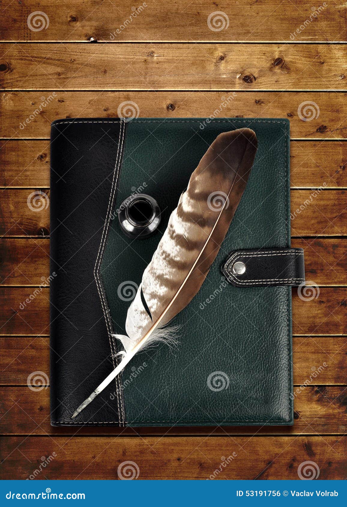 Leather Notebook and Feather with Ink Bottle. Stock Photo - Image of ...