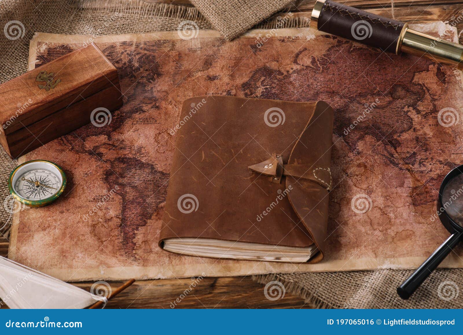Leather Notebook on Wooden Table with World Map and Sacking Stock Photo ...