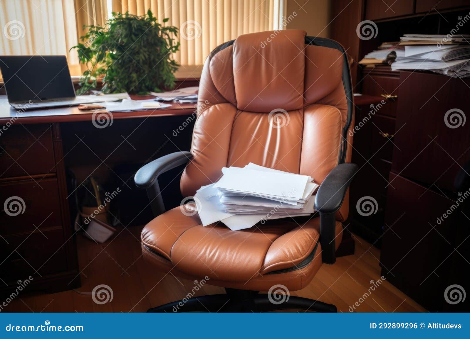 Leather Office Chair in Front of a Desk with Lots of Paperwork Stock ...
