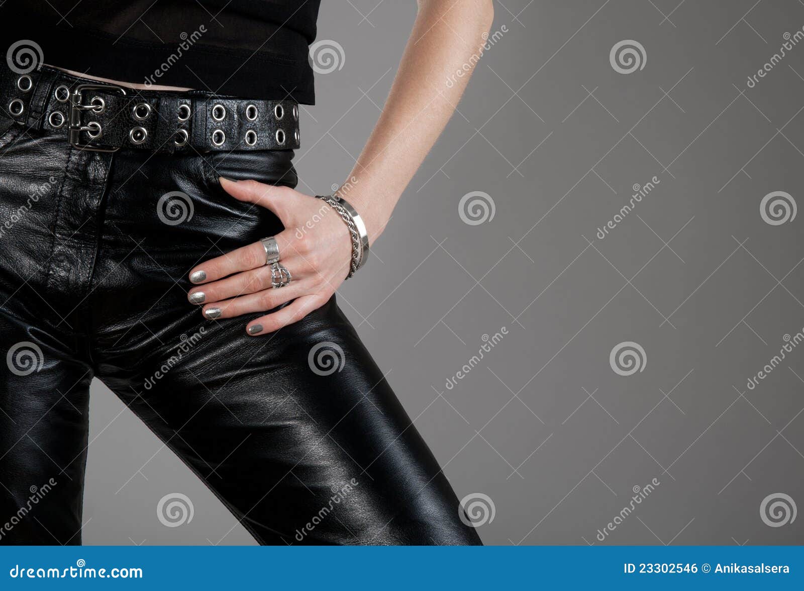 Leather Pants and Hand with Silver Jewellery Stock Photo - Image of ...
