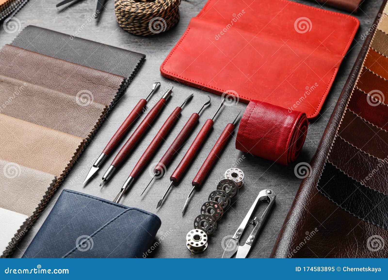 Leather Samples and Craftsman Tools on Grey Stone Background Stock ...