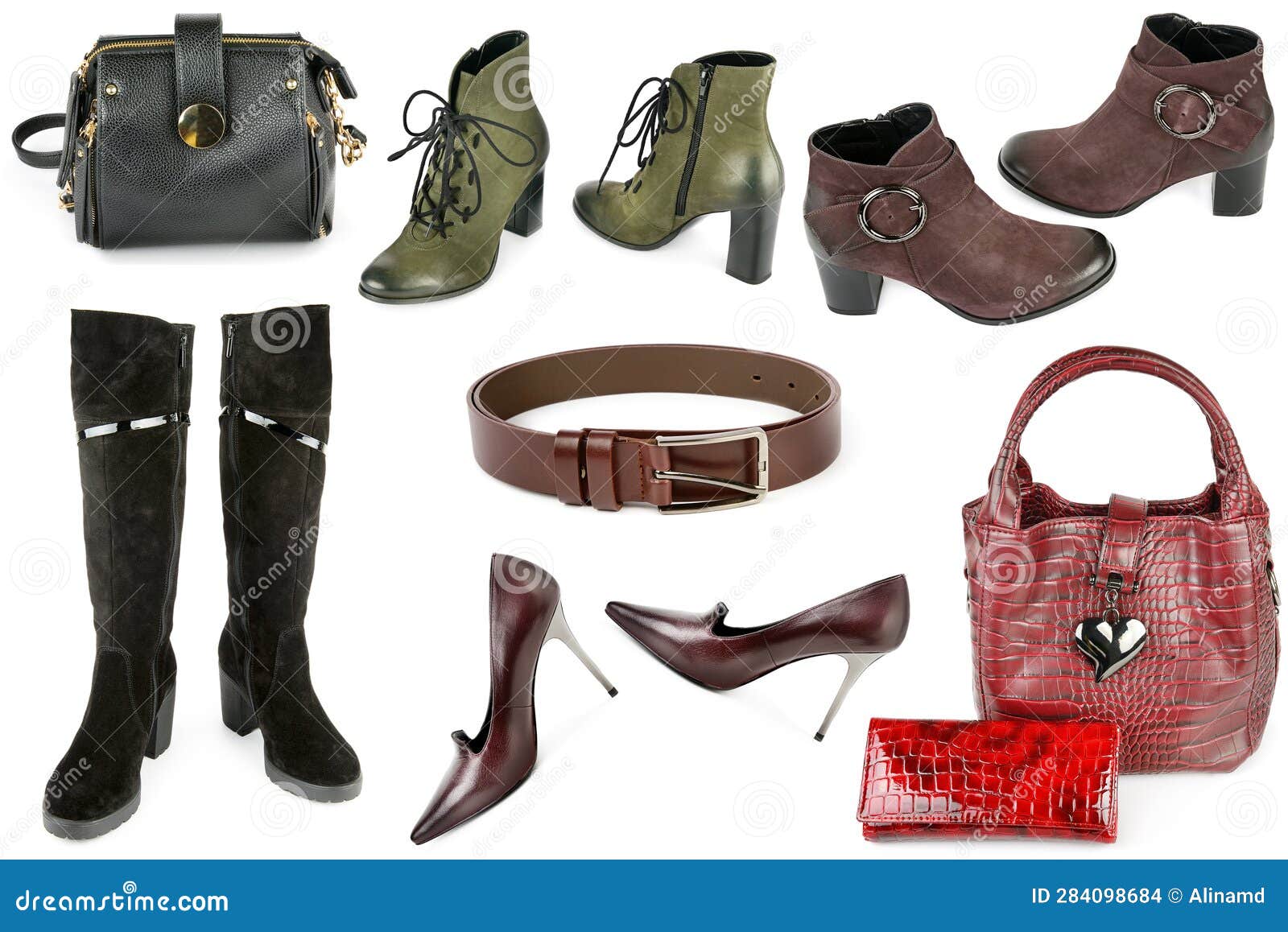 Leather Shoes and Accessories Isolated on White Background. Collage ...