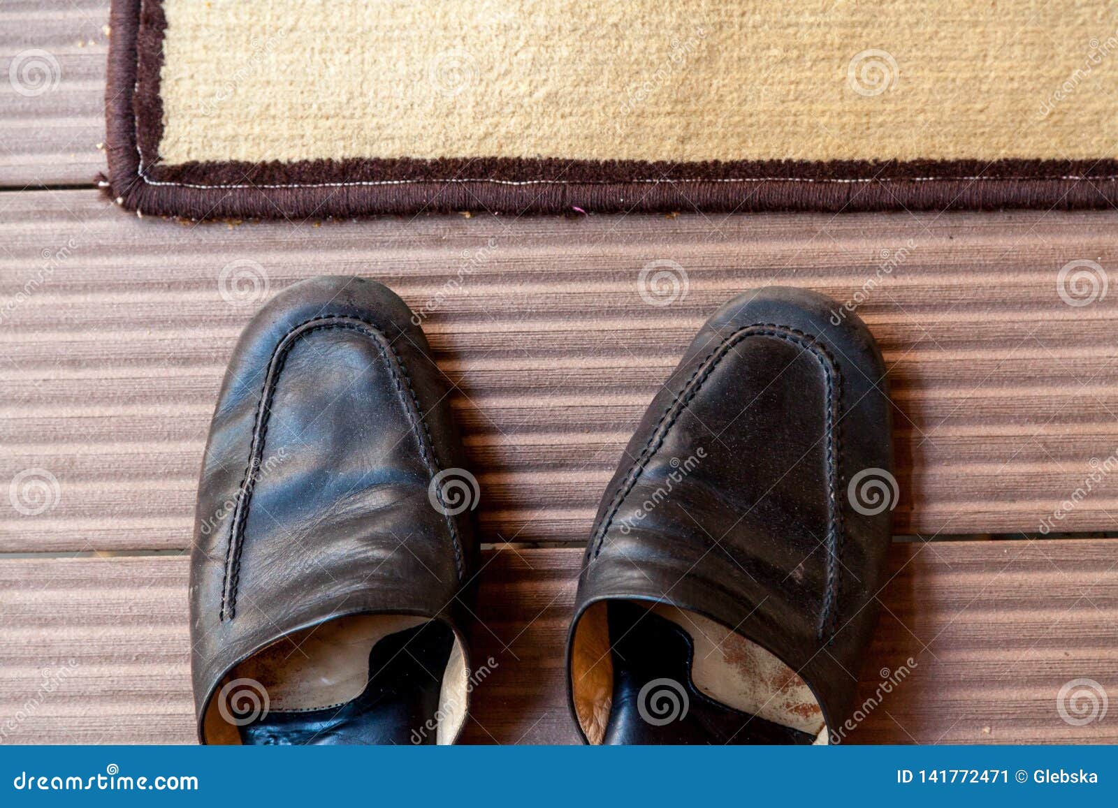 Leather Slippers Stand in Front of Carpet Stock Image - Image of front ...