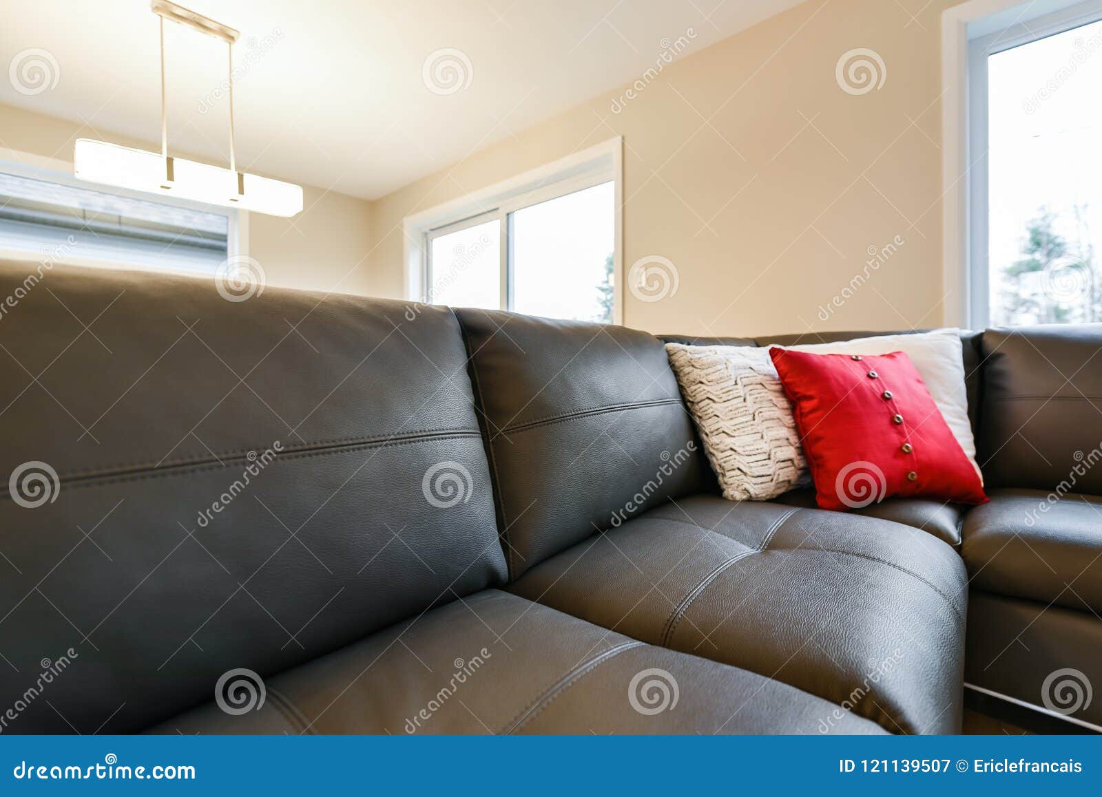 Leather Sofa Seating Closeup Stock Image - Image of interiors, pillows ...