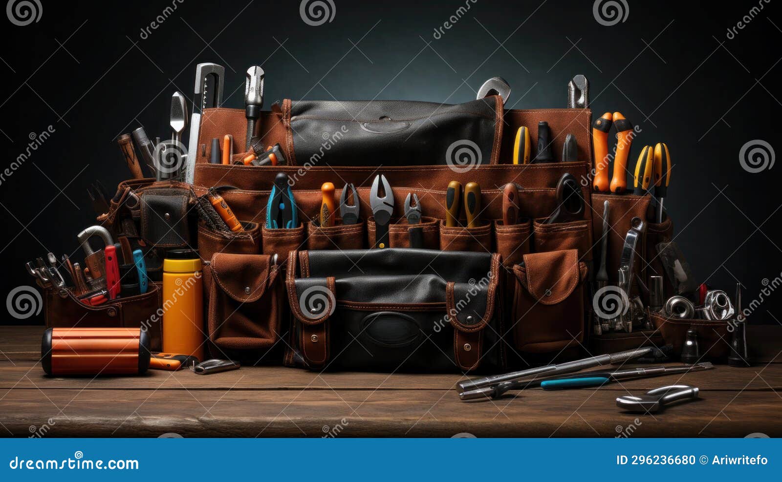 Leather Tool Bag with Many Pockets and Compartments on a Table of ...