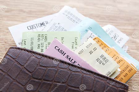 Leather Wallet Containing Receipts Stock Image - Image of leather, cash ...