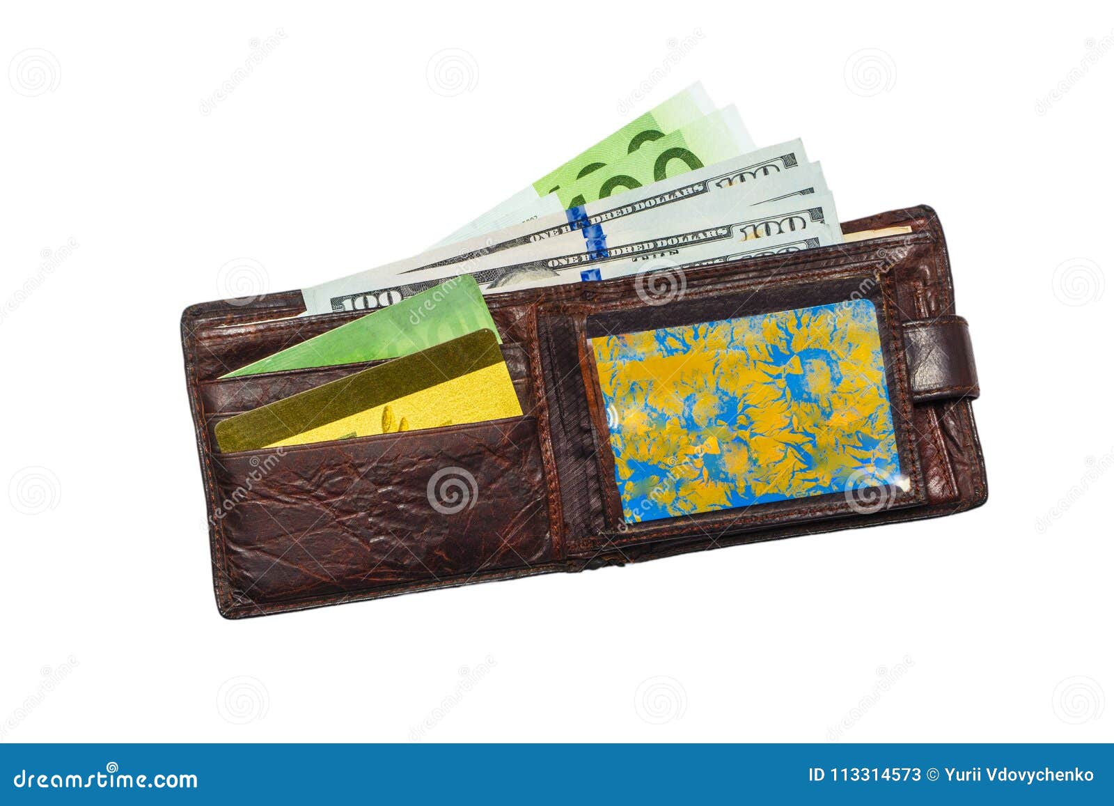 Leather Wallet Old Worn with Hundreds and Credit Cards, Isolated on ...