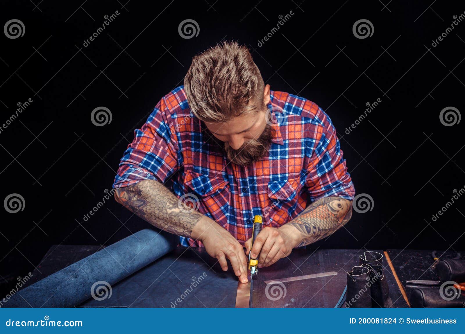 Leather Workman Works with Leather at Leather Shop Stock Photo - Image ...