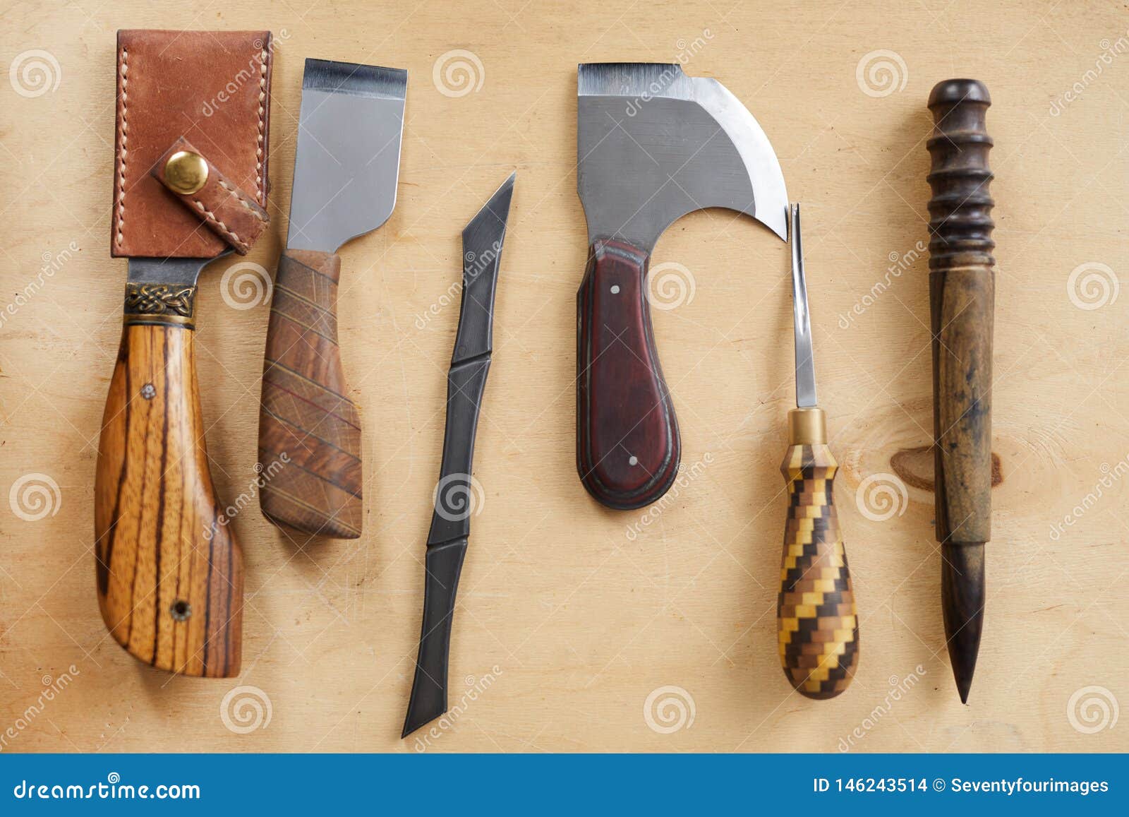 Leatherwork Tools on Table stock photo. Image of creative - 146243514