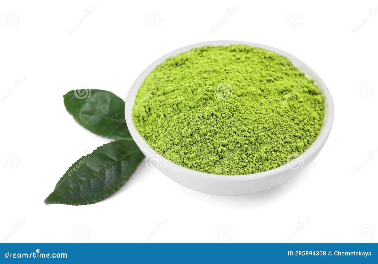 Leaves and Bowl of Matcha Powder Isolated on White Stock Photo - Image ...
