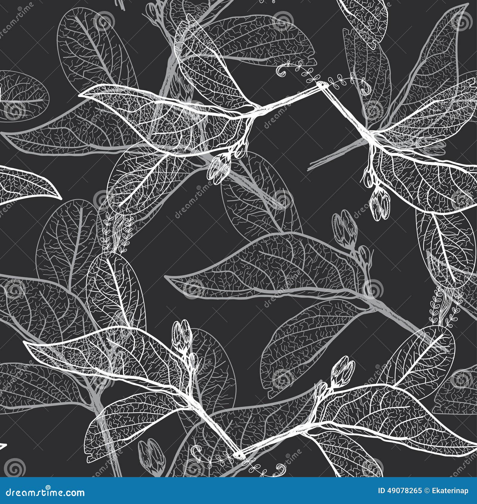 Leaves Contours On Black Background Floral Seamless Pattern Hand
