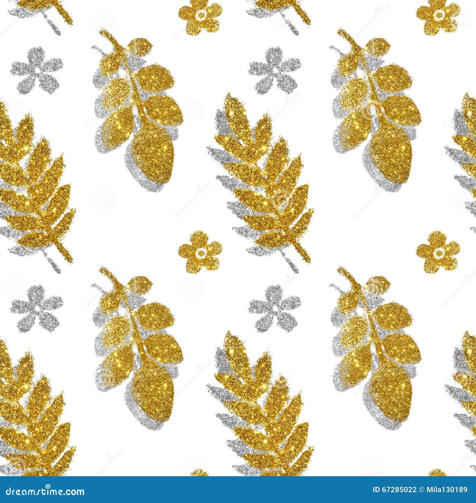 Leaves and Flowers of Golden and Silver Glitter on White Background ...