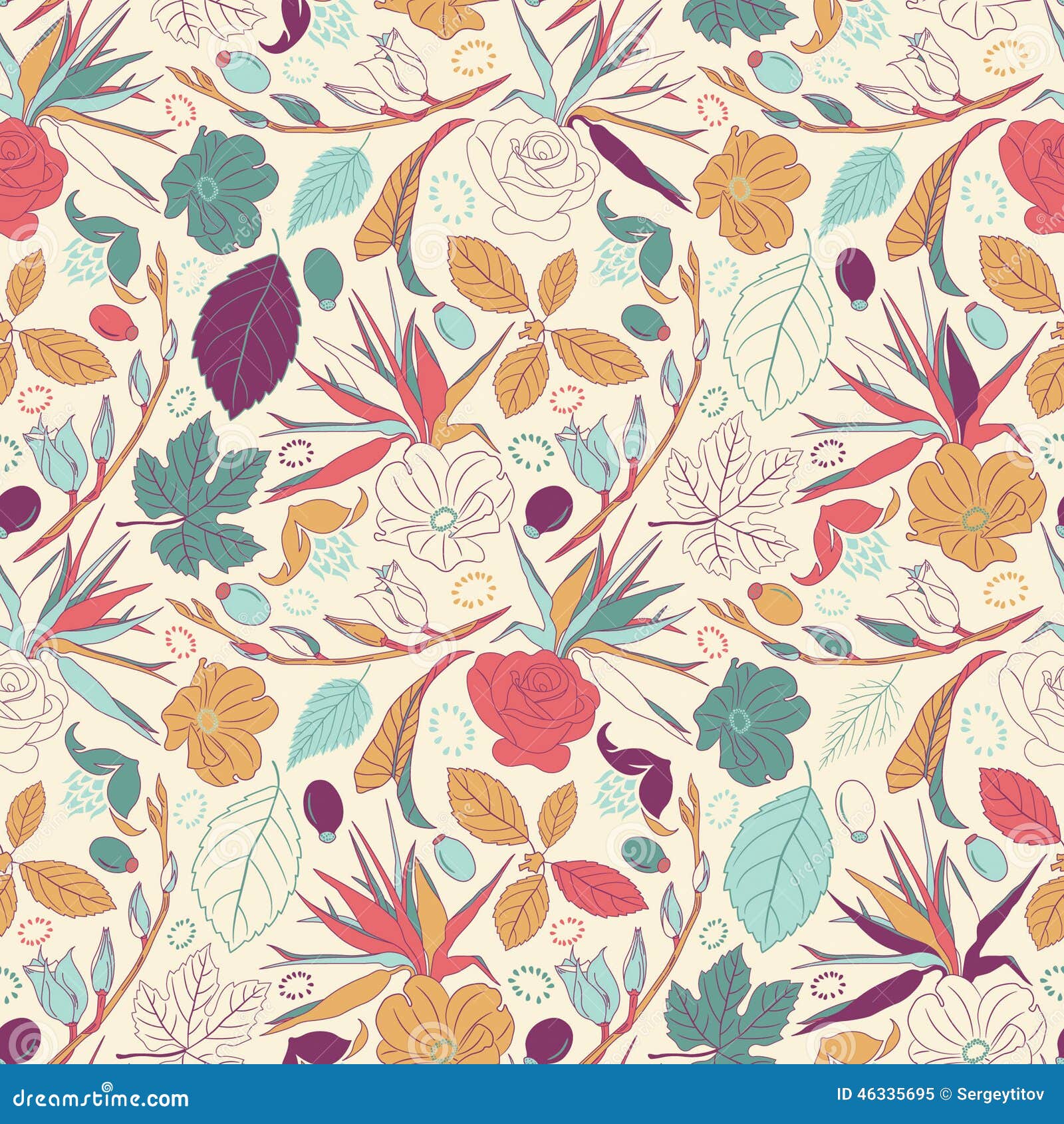 Leaves and Flowers in Pattern Stock Vector - Illustration of summer ...