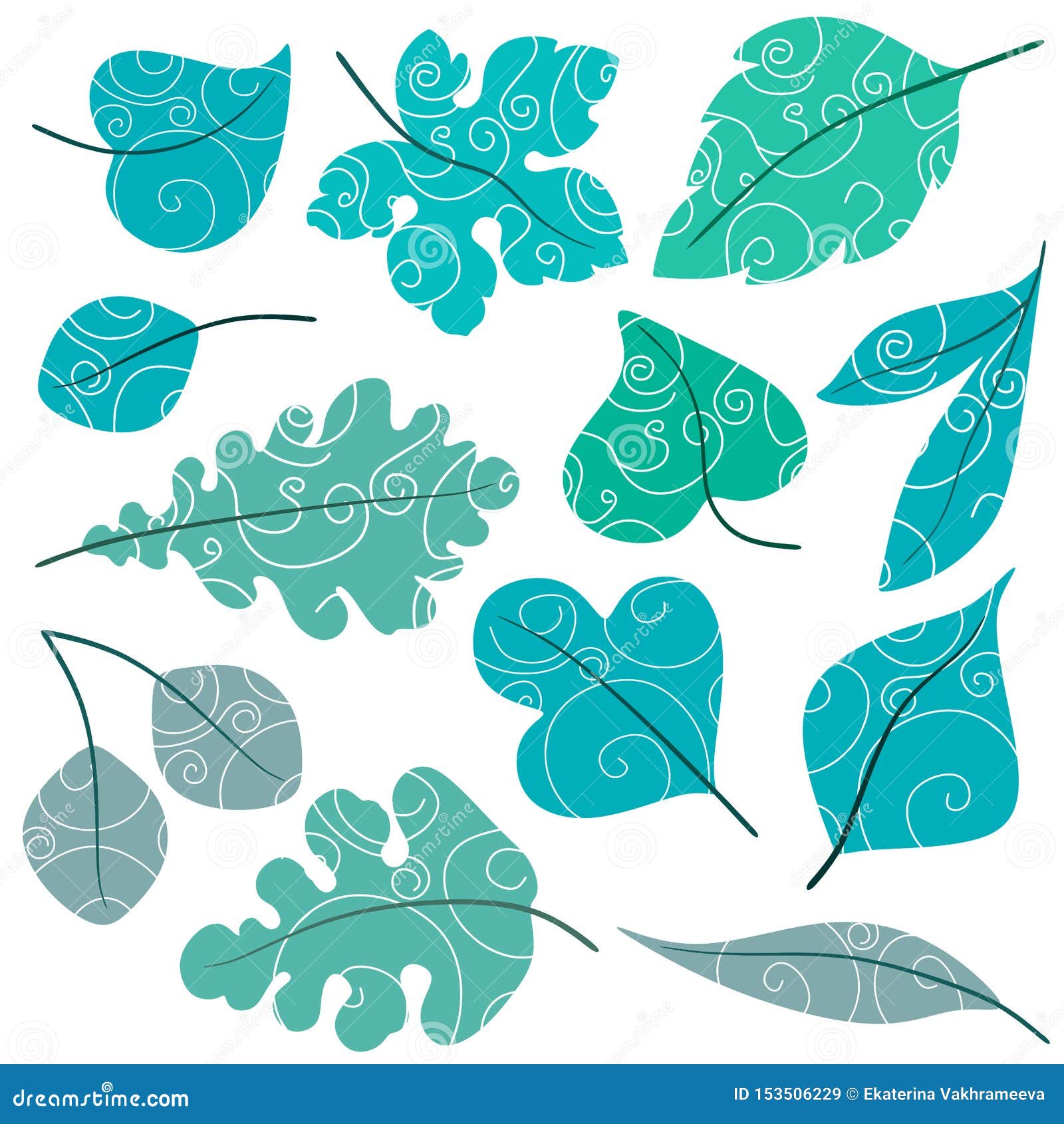 Set Of Abstract Leaves With Patterns Of Curls. Vector Isolates In A ...