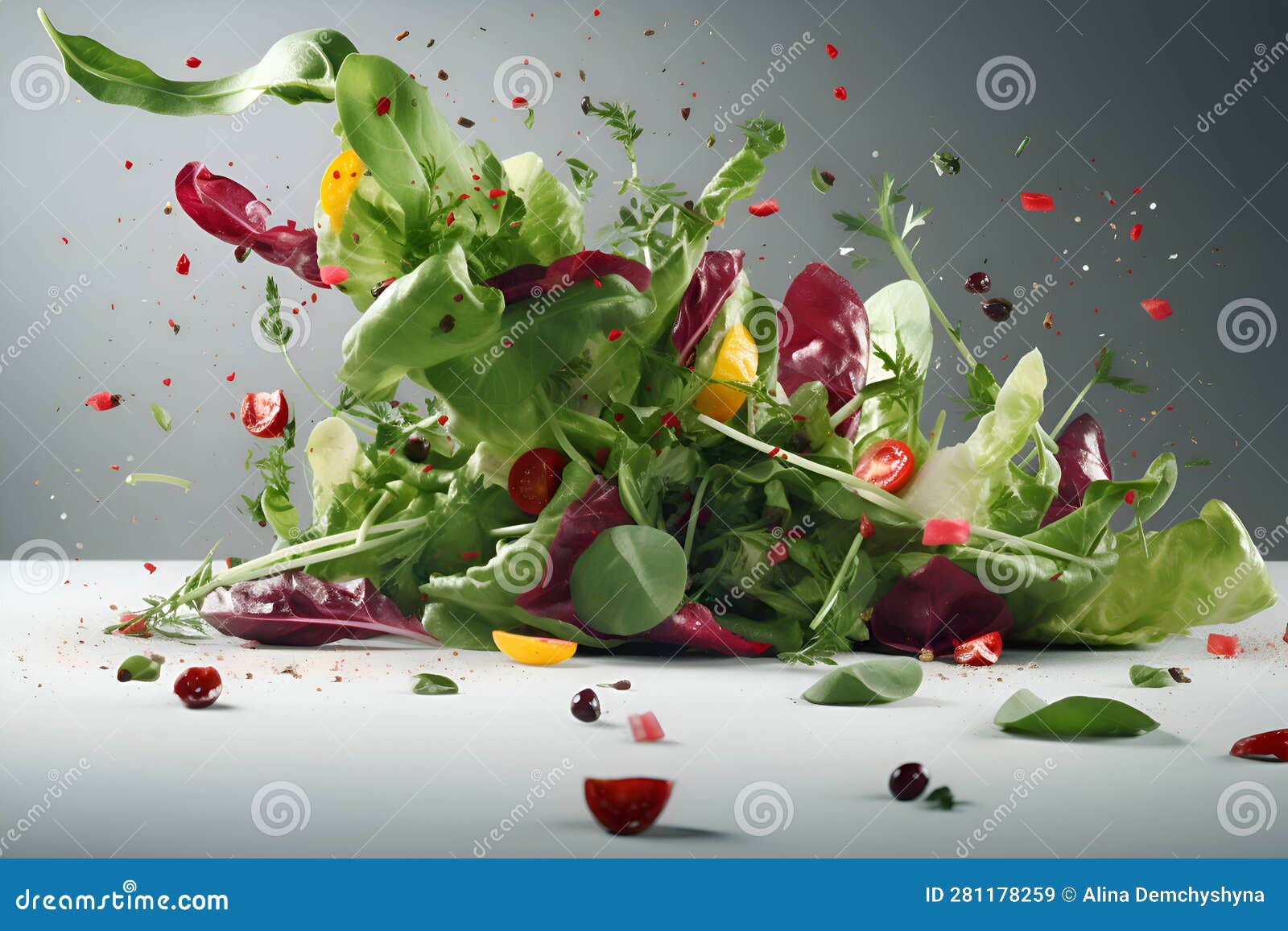 Leaves of Salad Greens and Vegetables Fall on a Gray Background ...