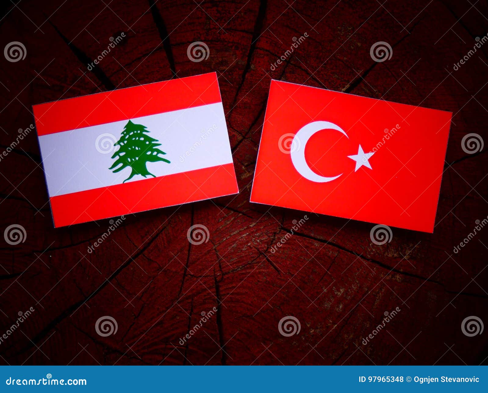 Lebanese Flag with Turkish Flag on a Tree Stump Stock Photo - Image of ...