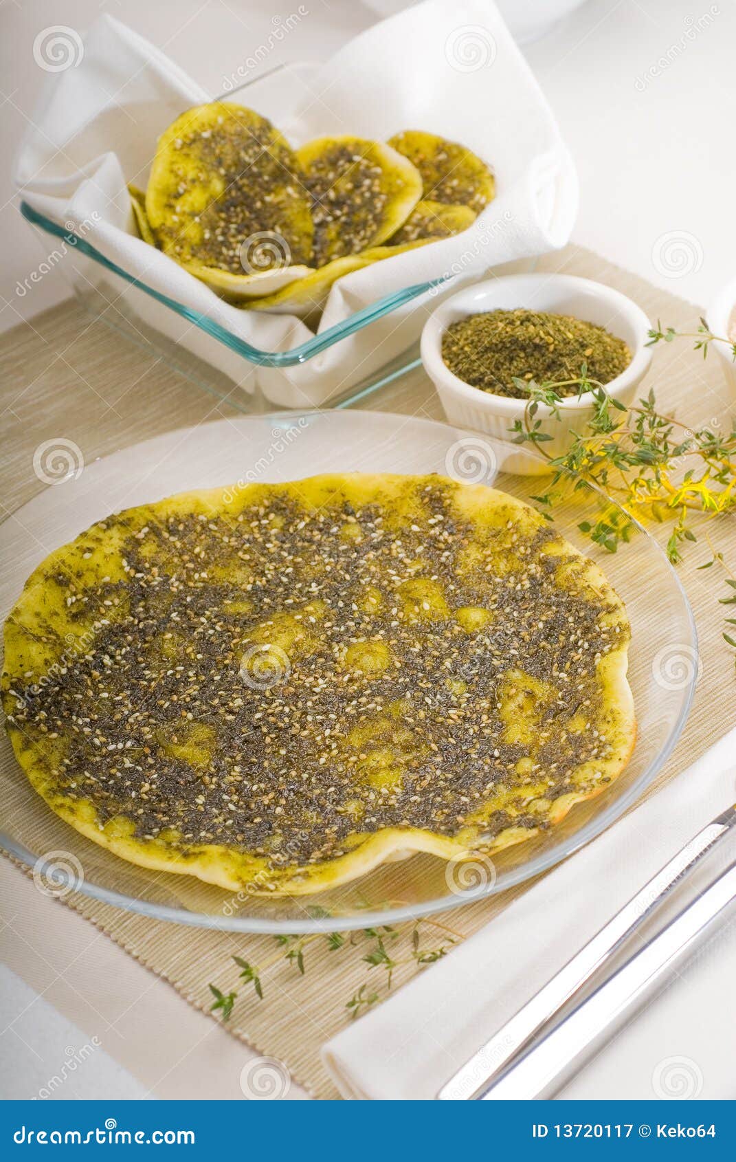 Lebanese Manoushe ,bread Of Thyme Topped With Mint,, Zaatar Flat Bread ...