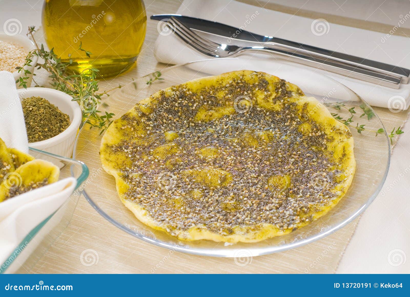 Lebanese Manoushe ,bread Of Thyme Topped With Mint,, Zaatar Flat Bread ...