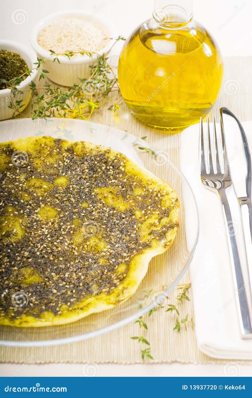 Lebanese Manoushe ,bread Of Thyme Topped With Mint,, Zaatar Flat Bread ...