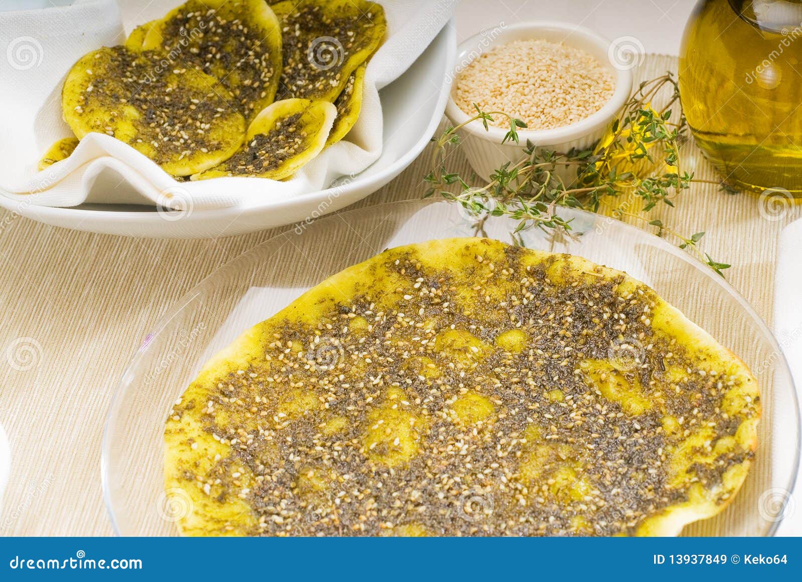Lebanese Manoushe ,bread Of Thyme Topped With Mint,, Zaatar Flat Bread ...