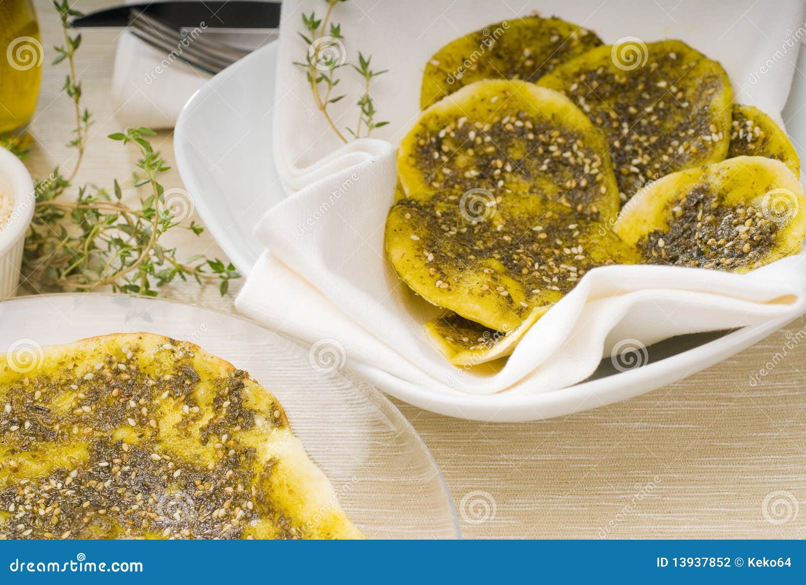 Lebanese Manoushe ,bread Of Thyme Topped With Mint,, Zaatar Flat Bread ...
