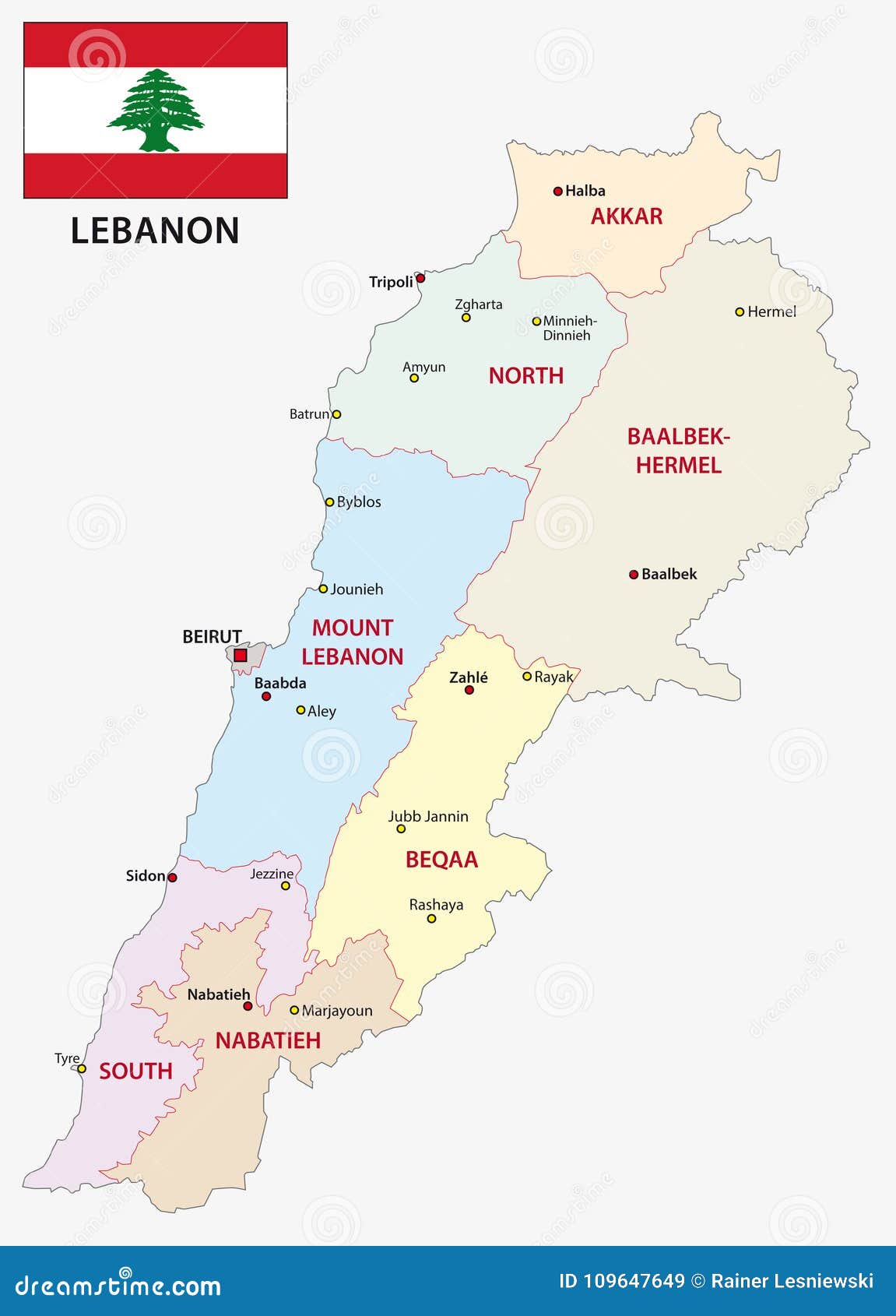 Lebanon Administrative and Political Vector Map with Flag Stock ...