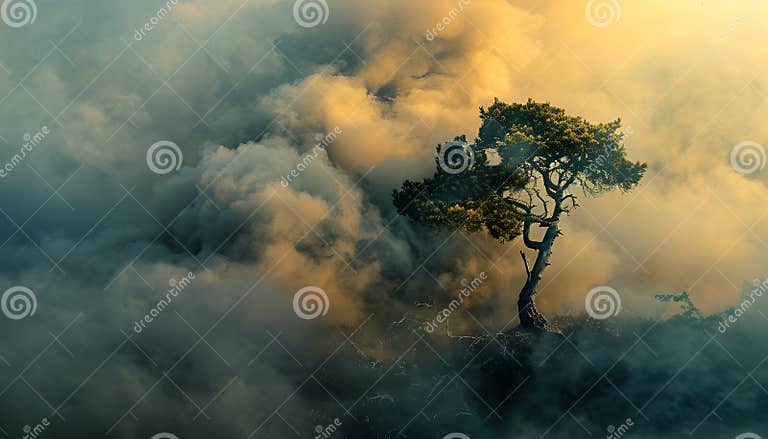 Lebanon Cedar Tree Standing in Cloud of Smoke Stock Illustration ...