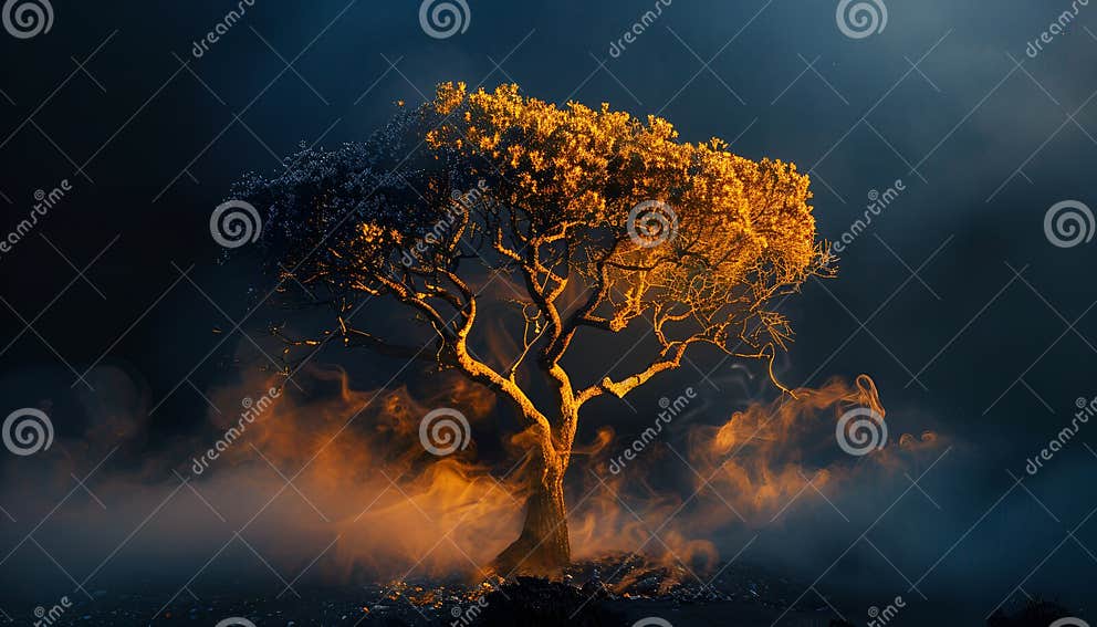 Lebanon Cedar Tree Standing in Cloud of Smoke Stock Illustration ...