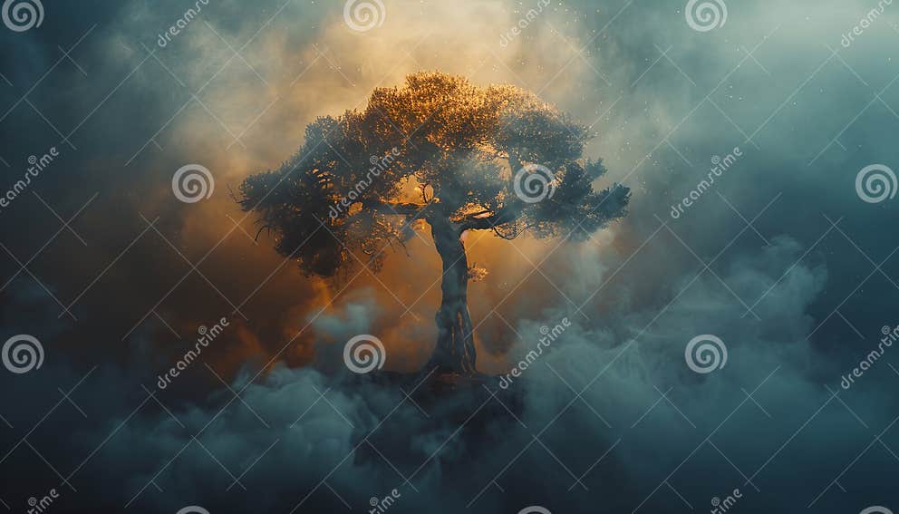 Lebanon Cedar Tree Standing in Cloud of Smoke Stock Illustration ...