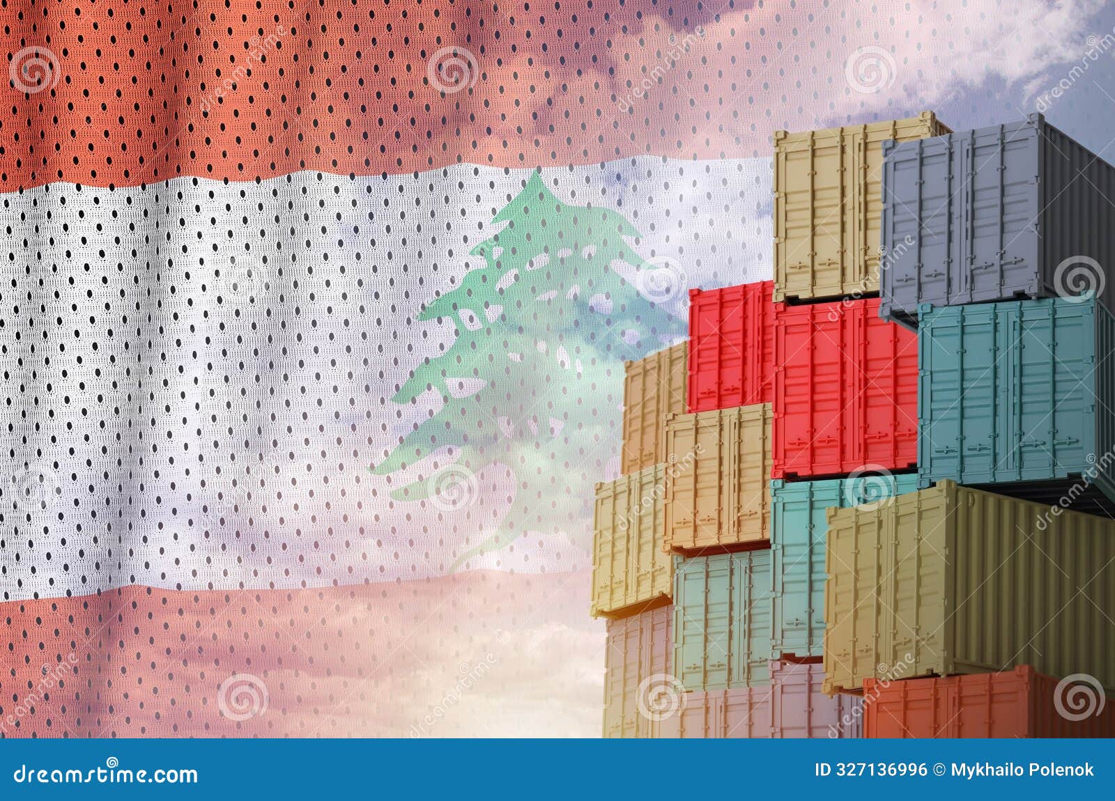 Lebanon Flag and Big Stack of Shipping Cargo Containers in Docks with ...