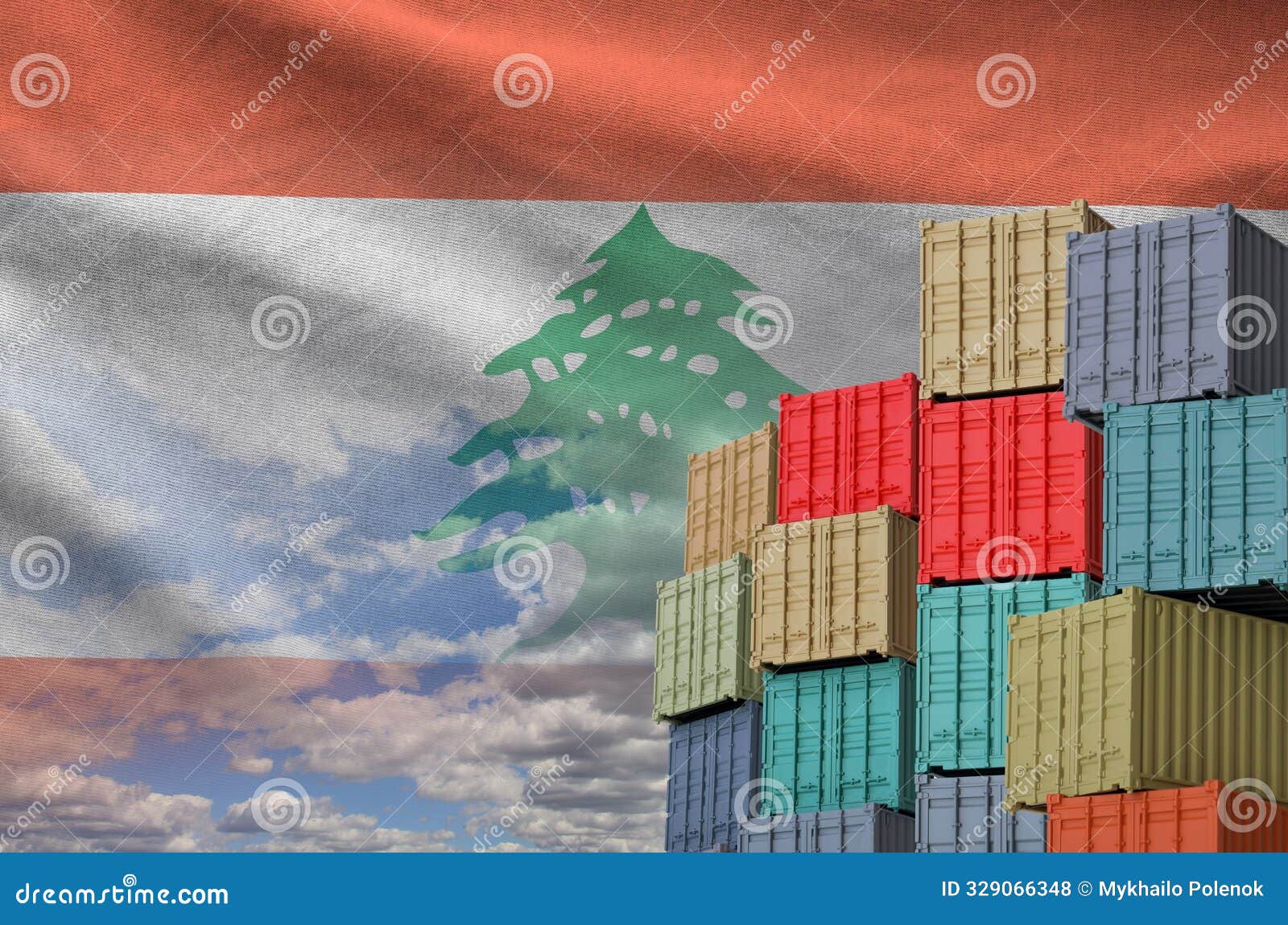 Lebanon Flag and Big Stack of Shipping Cargo Containers in Docks with ...