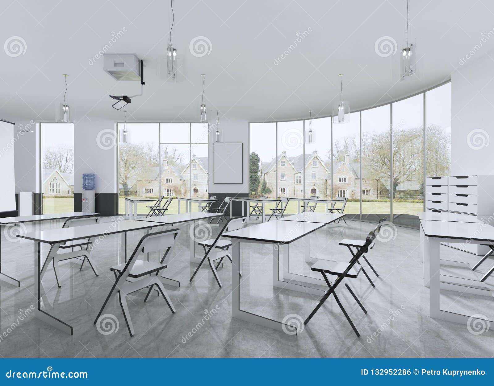 Lecture Chairs and Desk in a Class Room with Panoramic Windows Stock ...