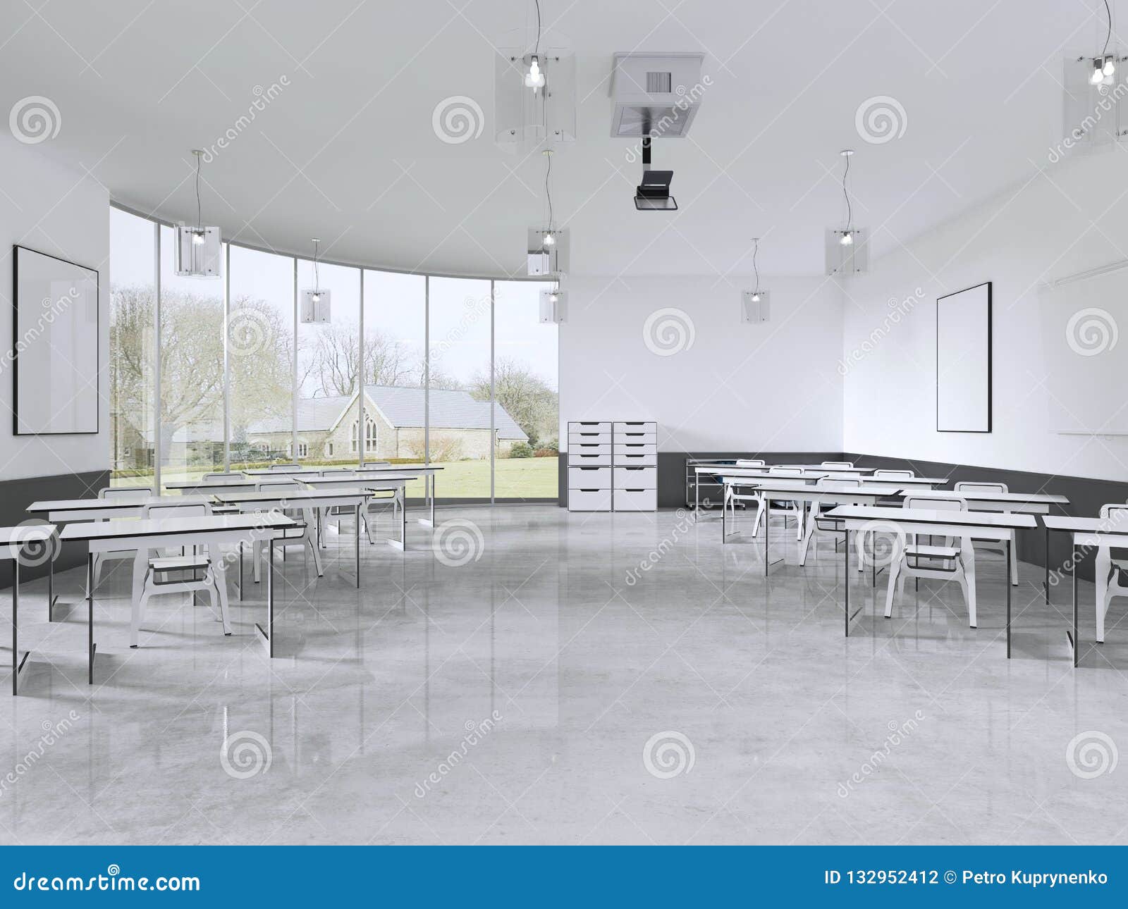 Lecture Chairs and Desk in a Class Room with Panoramic Windows Stock ...