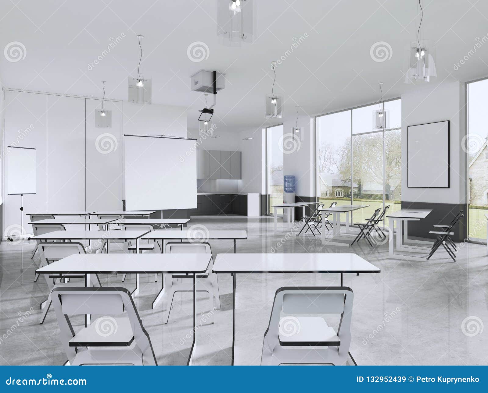 Lecture Chairs and Desk in a Class Room with Panoramic Windows Stock ...