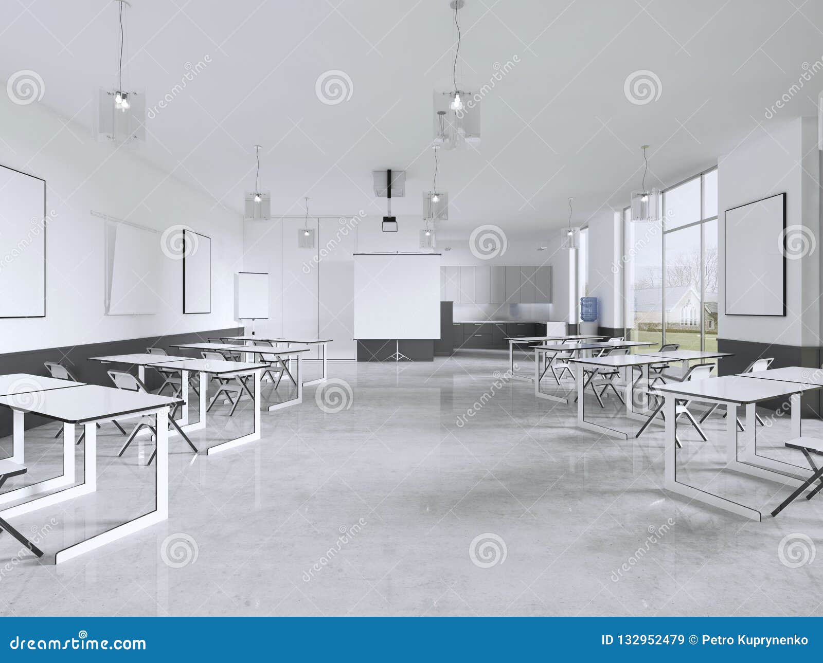 Lecture Chairs and Desk in a Class Room with Panoramic Windows Stock ...
