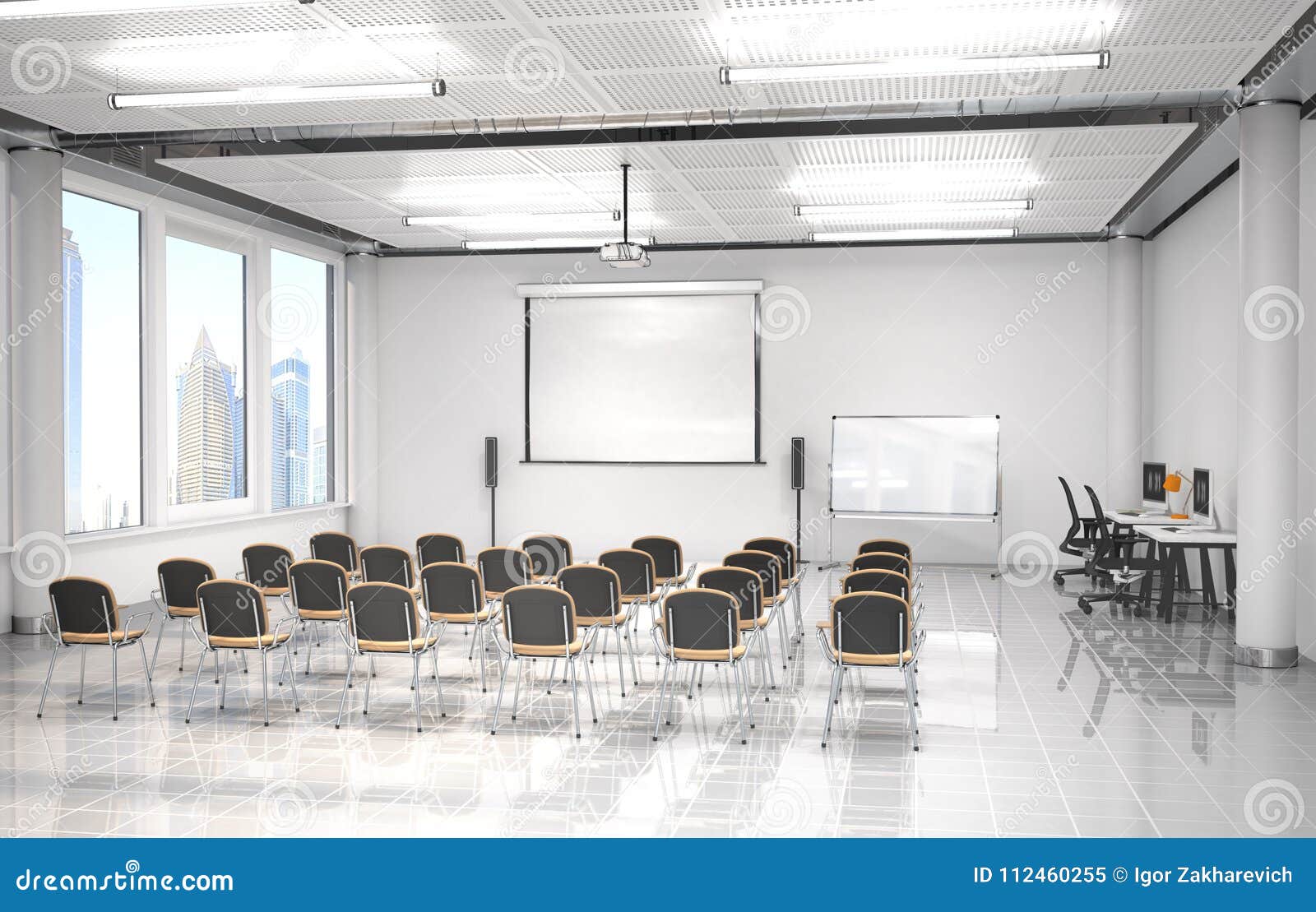 Lecture hall interior. 3d stock illustration. Illustration of ...