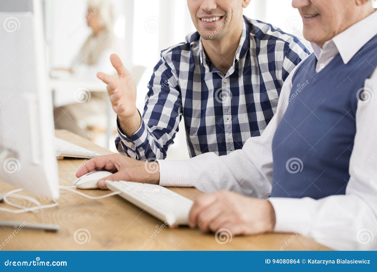 Lecturer helping older man stock photo. Image of classes - 94080864