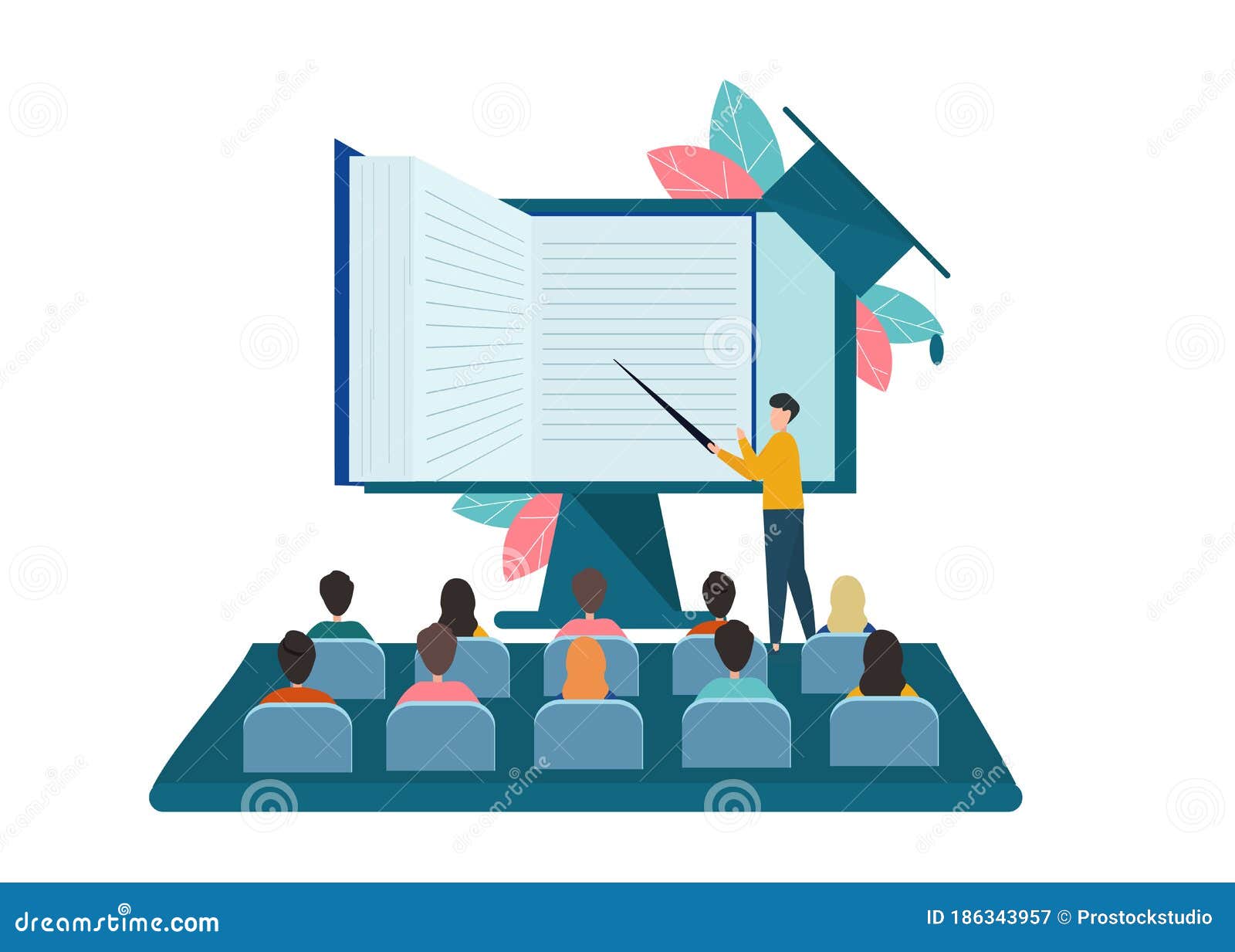 Lecturer Pointing To Computer Screen with Notebook in Front of Students ...
