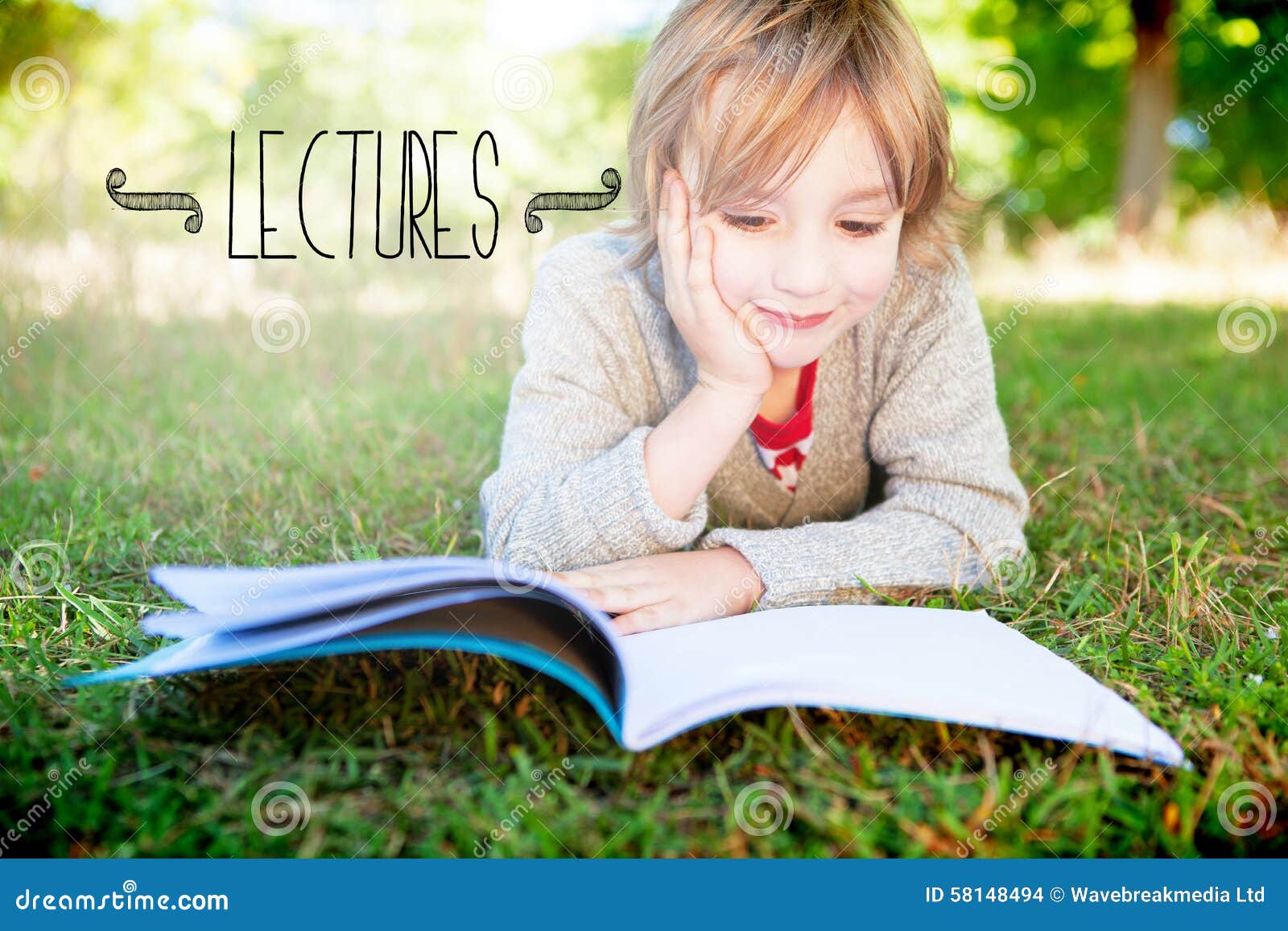 Lectures Against Cute Little Boy Reading in Park Stock Photo - Image of ...