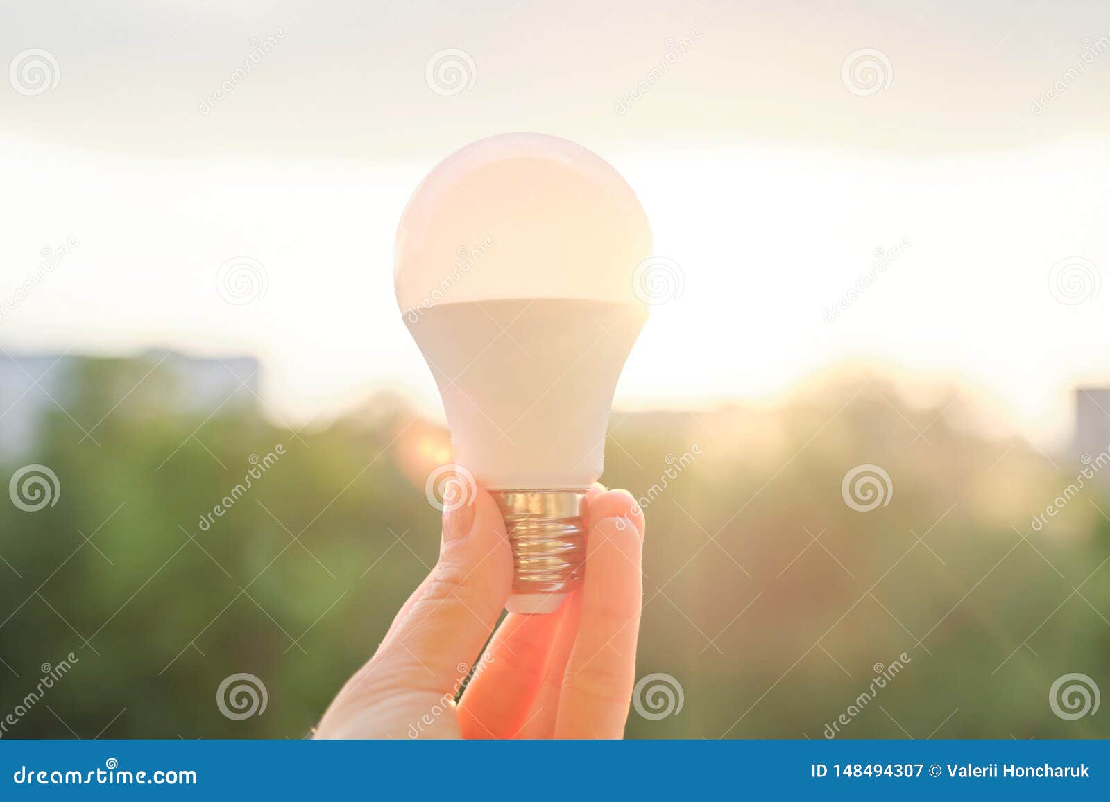 Led Bulb, Hand Holding Lamp, Evening Sunset Sky Background Stock Image ...