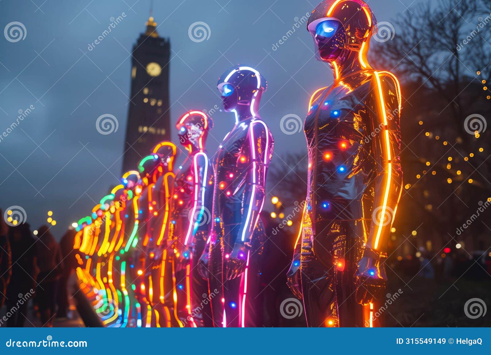 LED Figures In Nighttime Procession Framed By Landmark Tower And ...