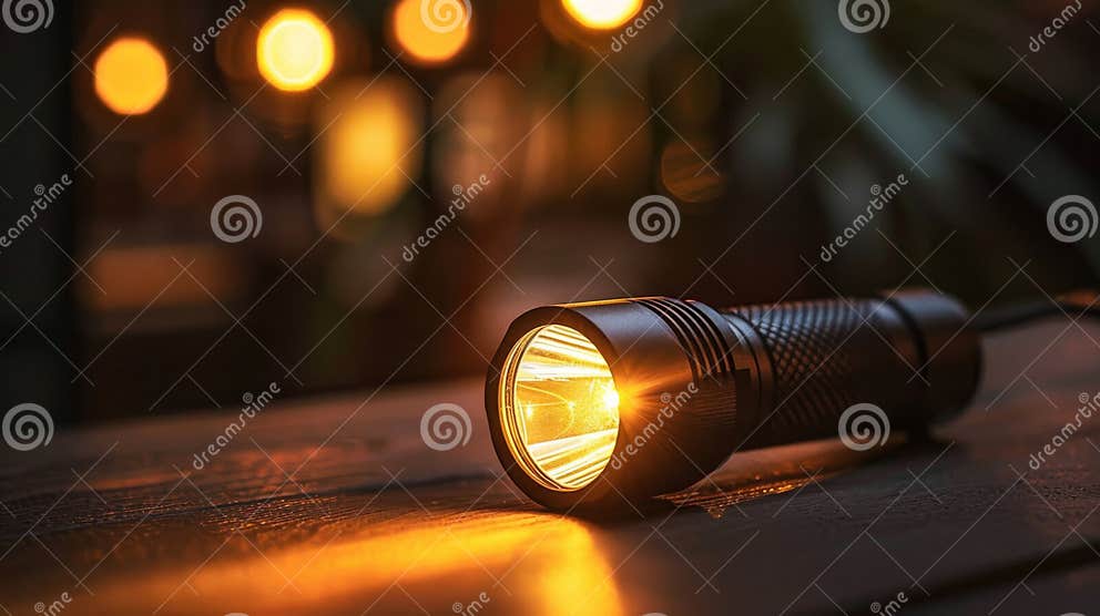 An LED Flashlight Turned on, Casting Light on a Wooden Surface, with ...
