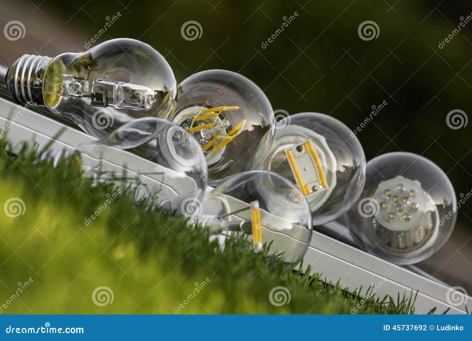 LED, Halogen and Tungsten Bulbs on Solar Panel, Some on the Grass Stock ...