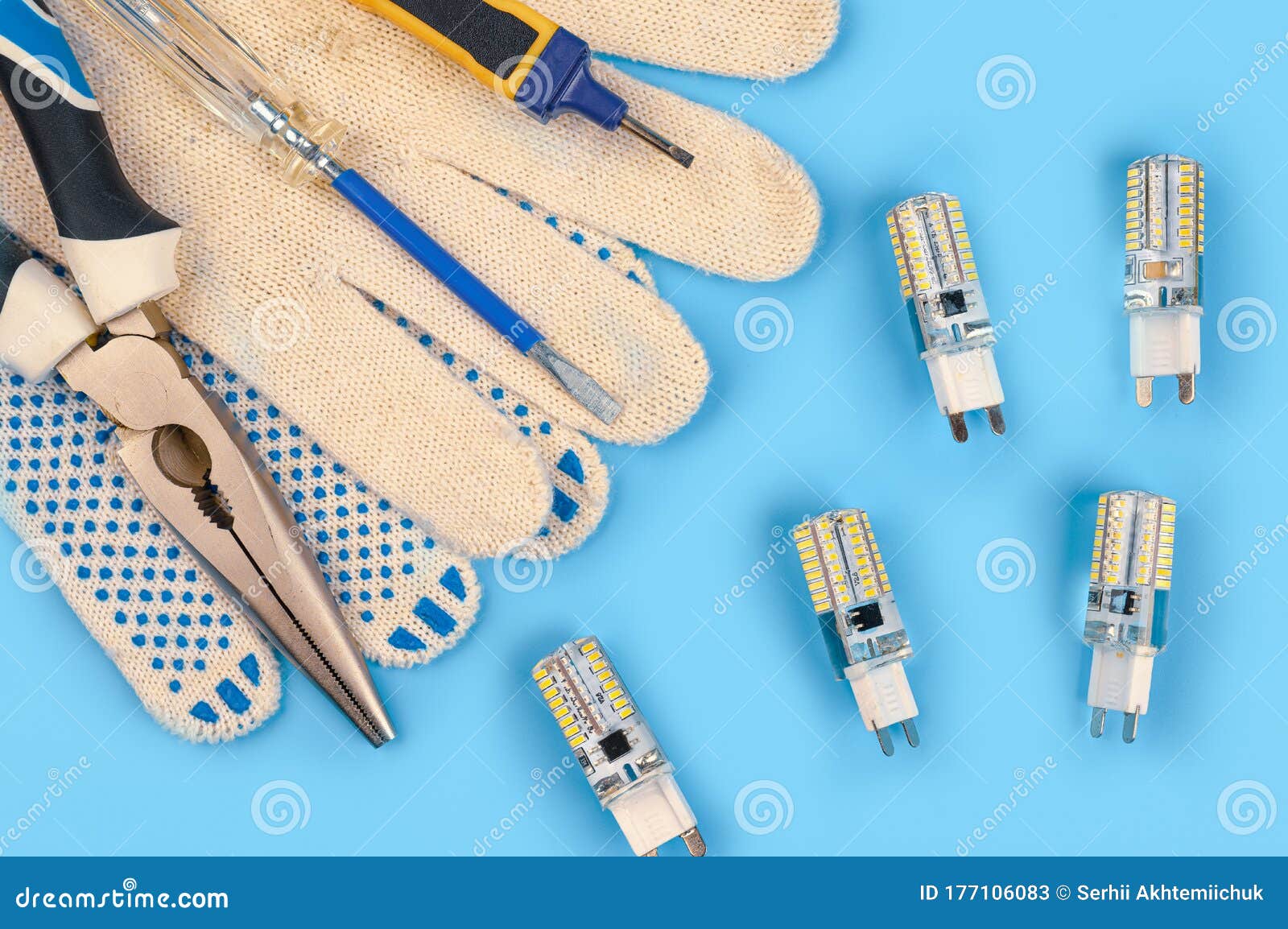 .LED Lamps with an Electrician Tool on a Blue Background Stock Image ...