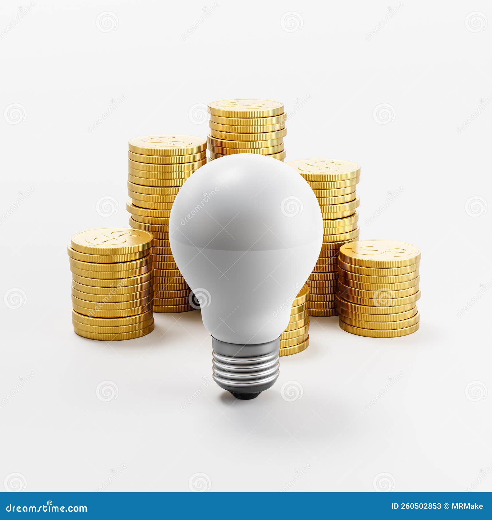 LED Light Bulb Ahead of Stacks of Coins on Light Gray Background Stock ...