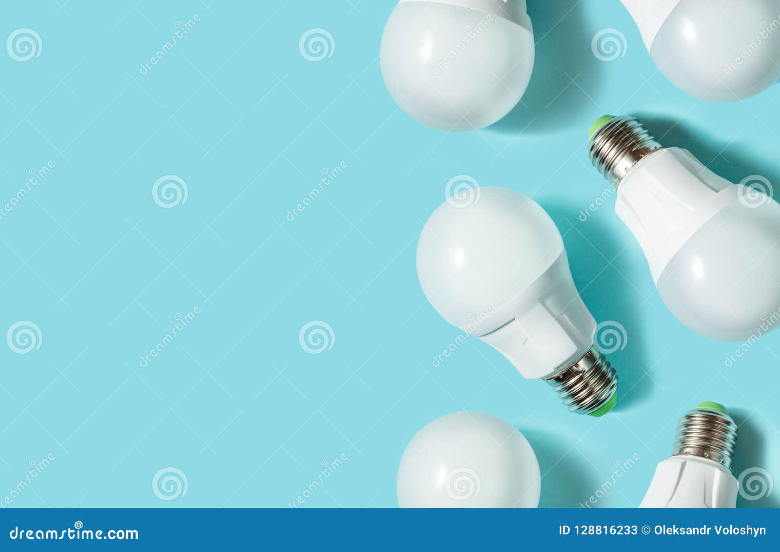 LED Light Bulbs on Blue Color Background. Flat Lay. Pattern Stock ...