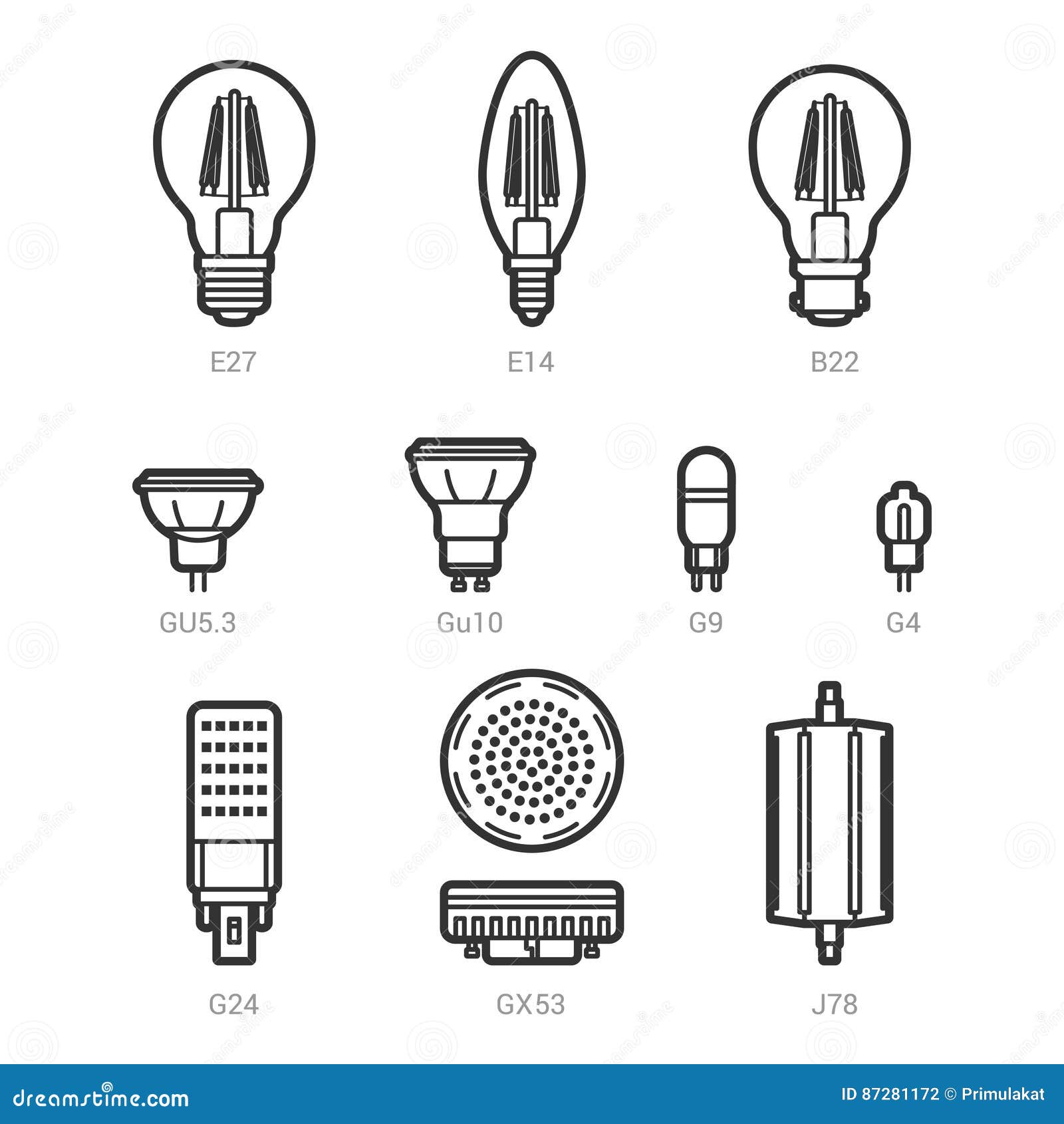 LED Light Lamp Bulbs Vector Outline Icon Set Stock Vector ...