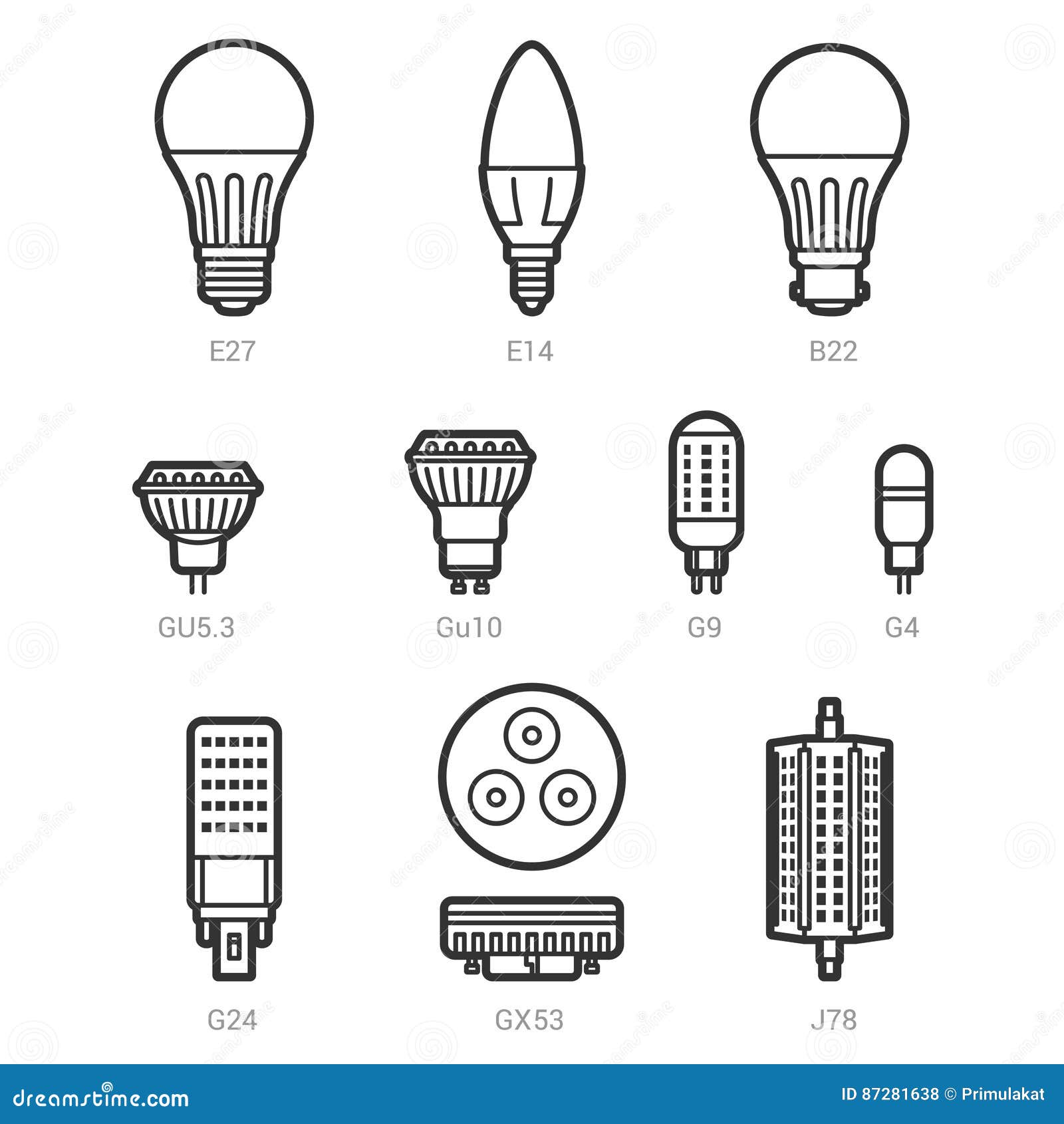 LED Light Lamp Bulbs Vector Outline Icon Set Stock Vector ...